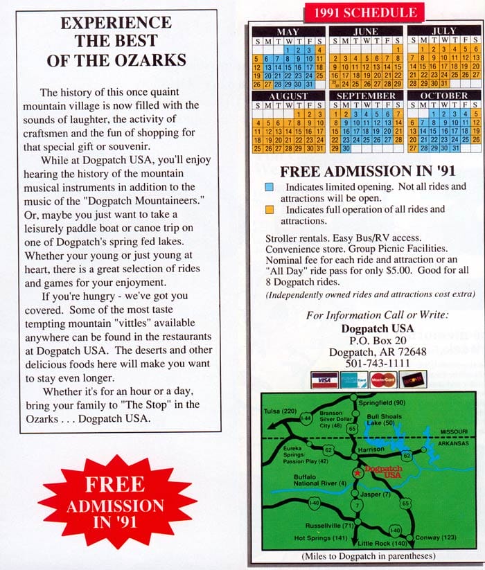 Dogpatch USA Map and Brochure (1981 - 1991) | ThemeParkBrochures.net