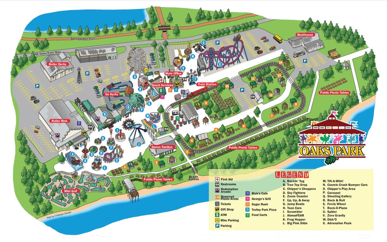 Oaks Amusement Park Map and Brochure (2020 - 2023) | ThemeParkBrochures.net